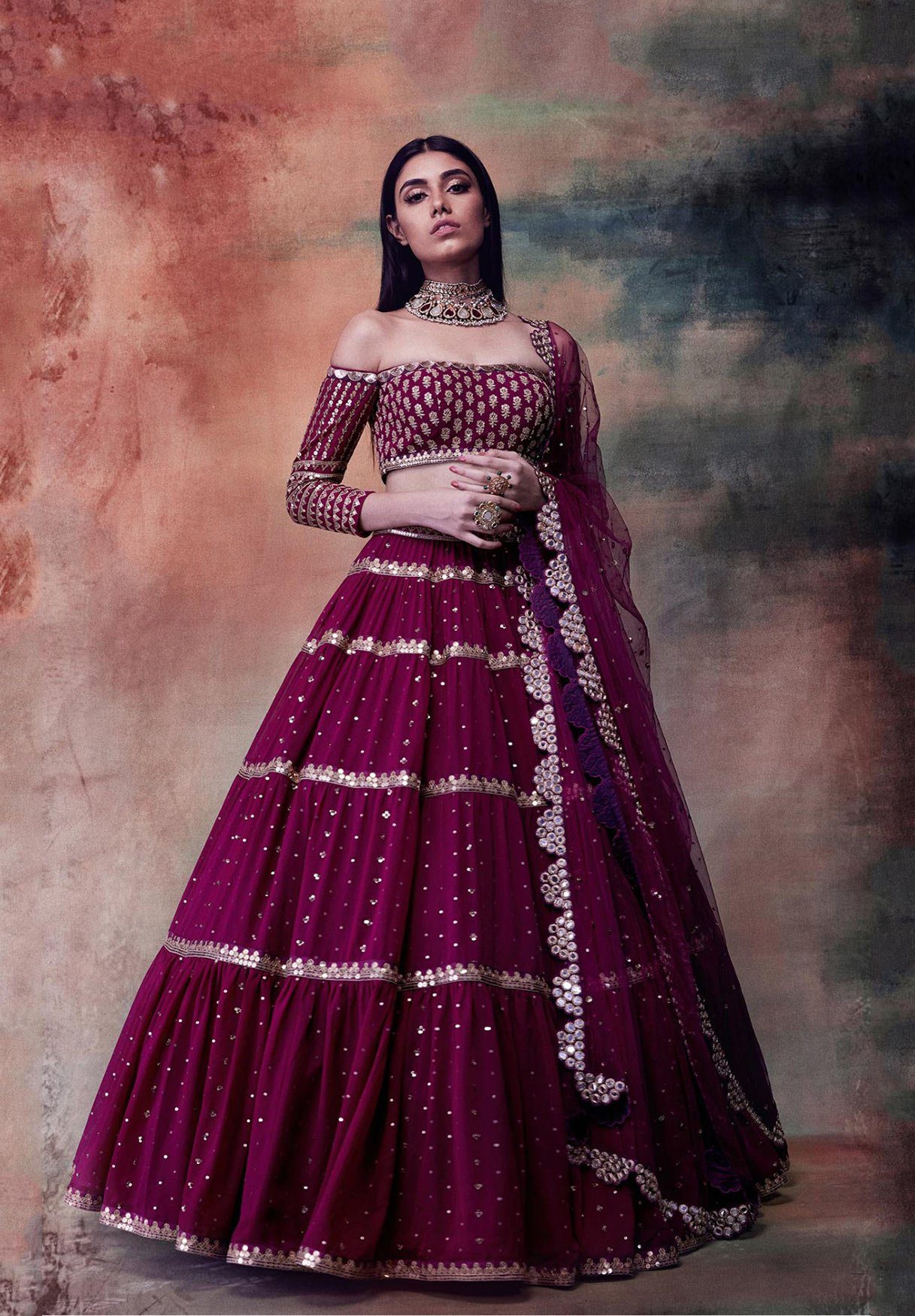 Wine Off Shoulder Tier Lehenga Set Vvani