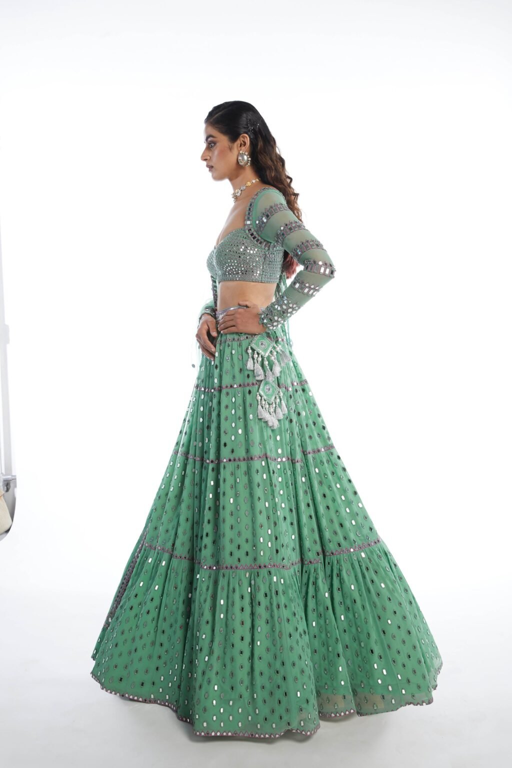 Dull Mint Tier Lehenga Set - Vvani