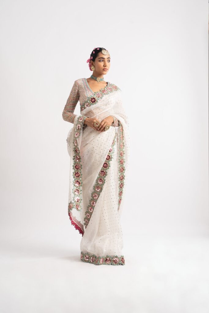 White Hand Cut Mirror Border Saree Set - Vvani