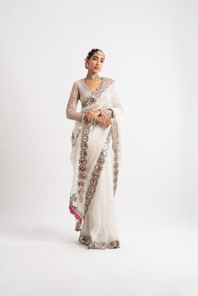 White Hand Cut Mirror Border Saree Set - Vvani