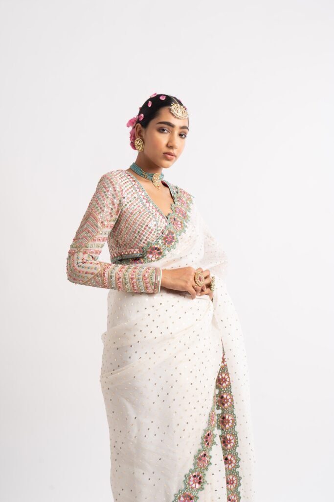 White Hand Cut Mirror Border Saree Set - Vvani