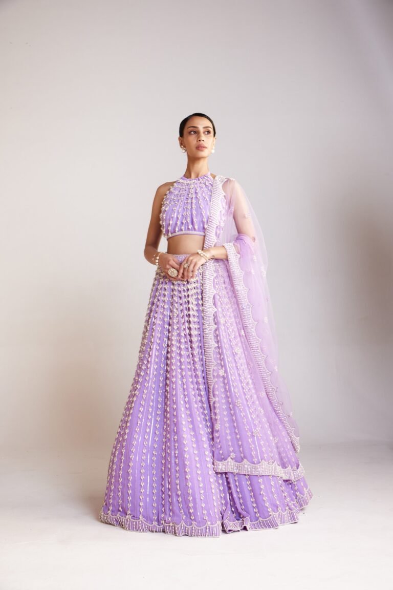 Lilac Chandelier Pearl Halter Neck Lehenga Set - Vvani
