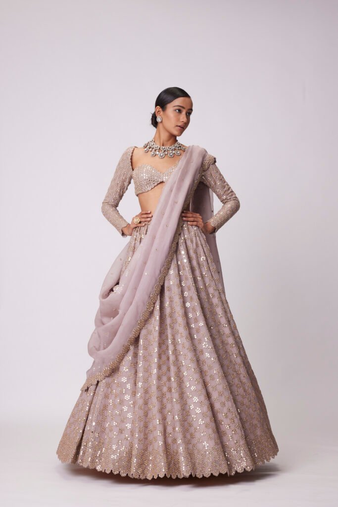 Ash Pink Flower Embroidered Lehenga Set - Vvani