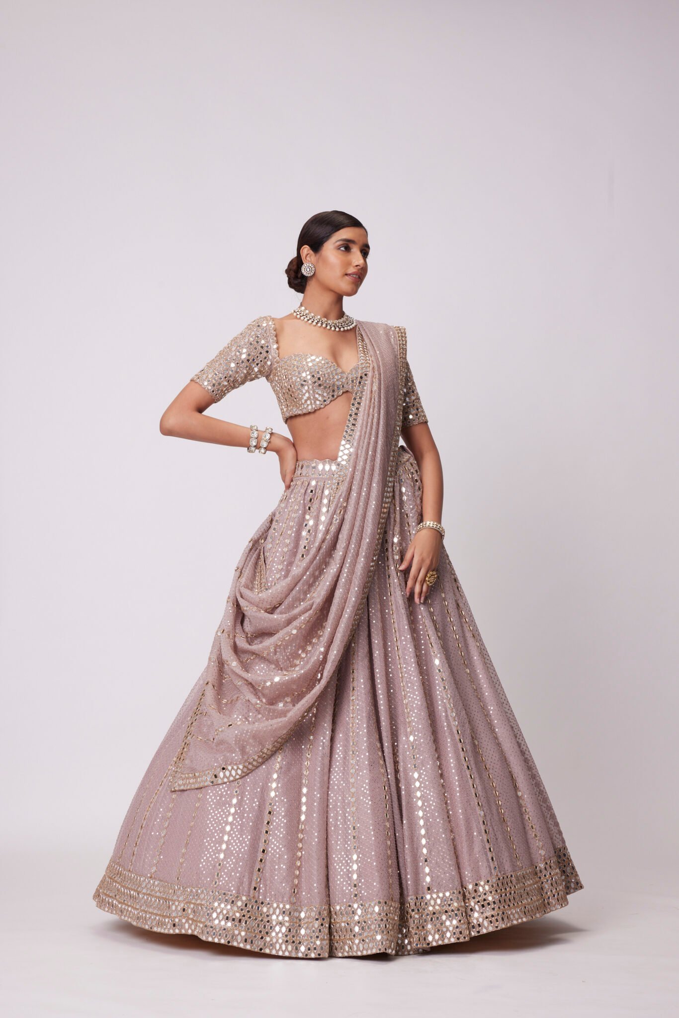 Ash Pink Sequin Embroidered Lehenga Set - Vvani