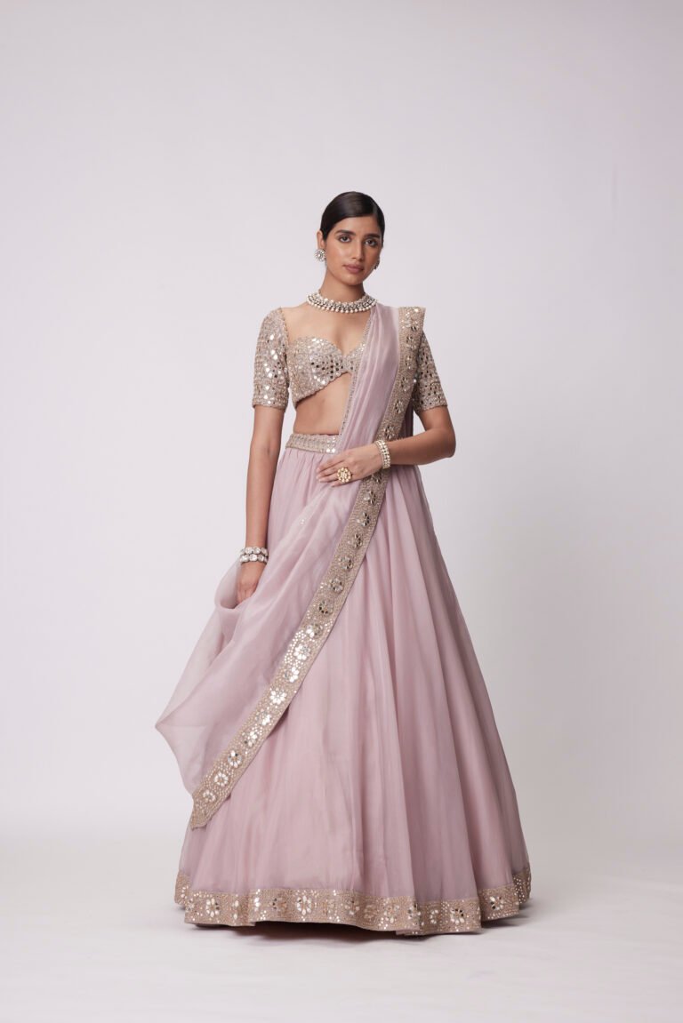 Ash Pink flower Border Organza Lehenga Set - Vvani