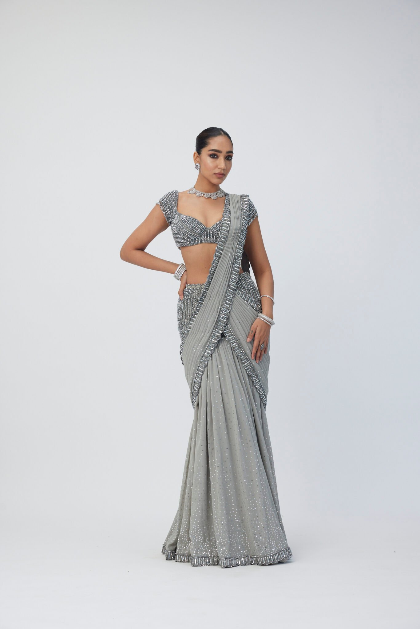 Crystal Grey Pre Draped Saree Set - Vvani