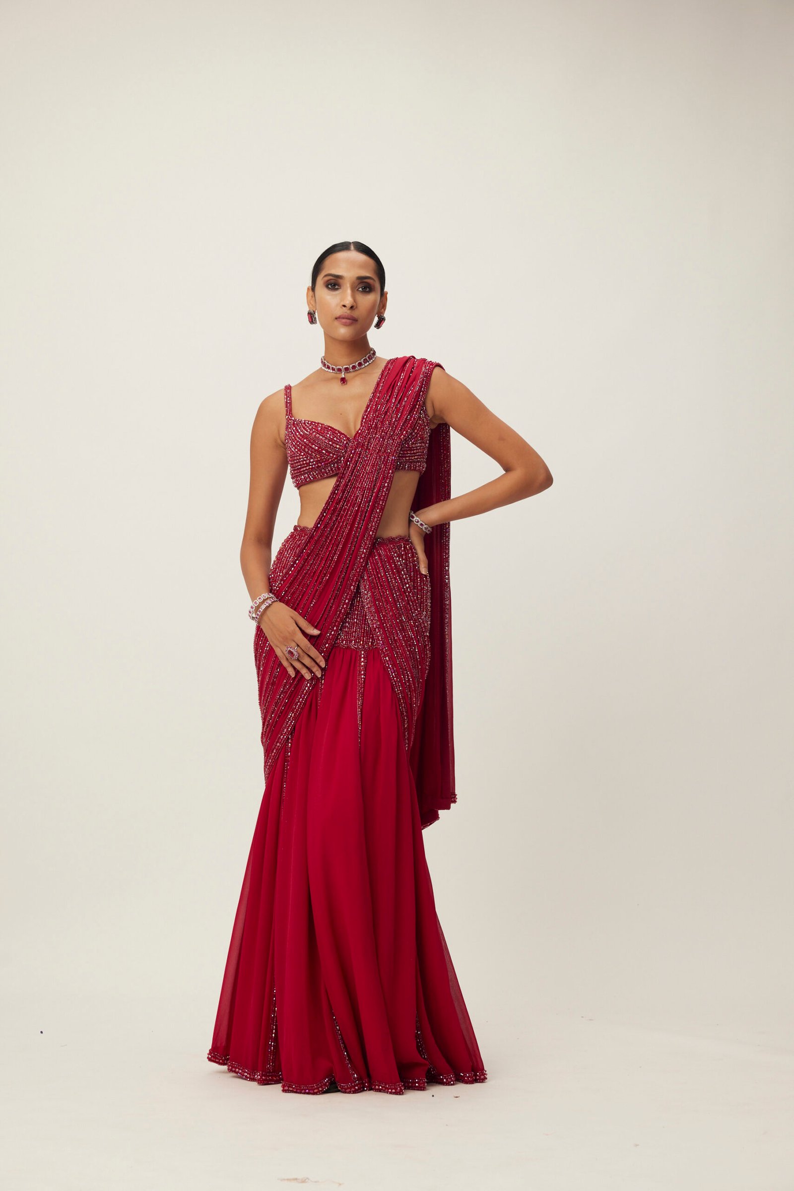 Ruby Red Pre Draped Crystal Embellished Saree Set - Vvani