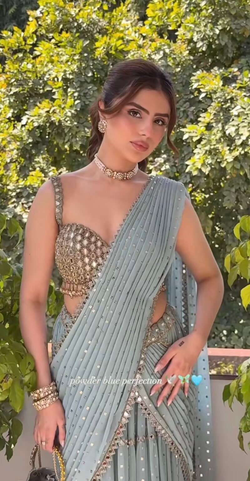 MUSKAN CHANANA In Jugmug Powder Blue Multitier Saree Set - Vvani