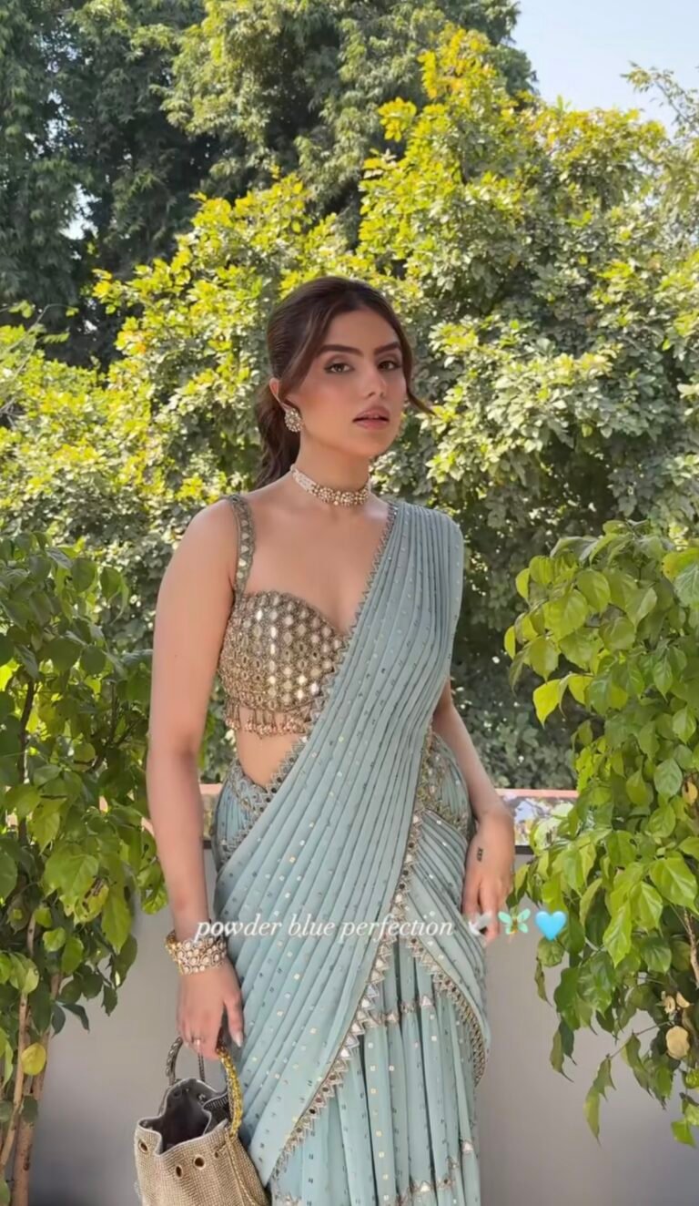 MUSKAN CHANANA In Jugmug Powder Blue Multitier Saree Set - Vvani