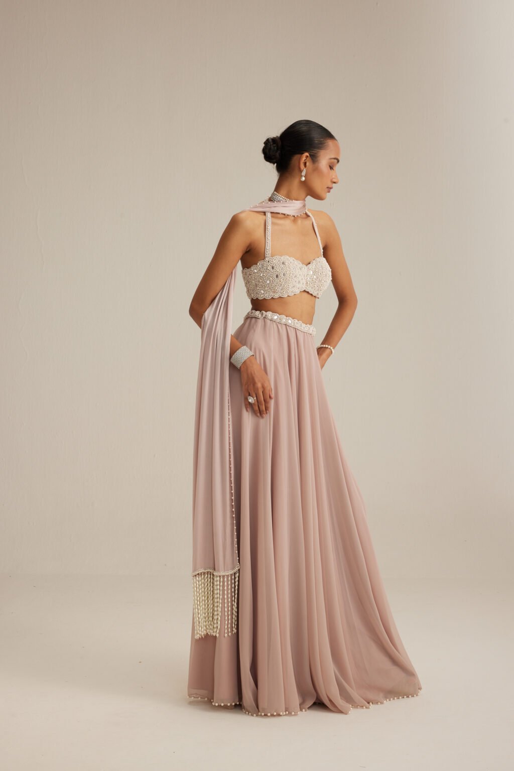 Ash Pink Georgette Skirt with Halter neck Blouse and stole - Vvani