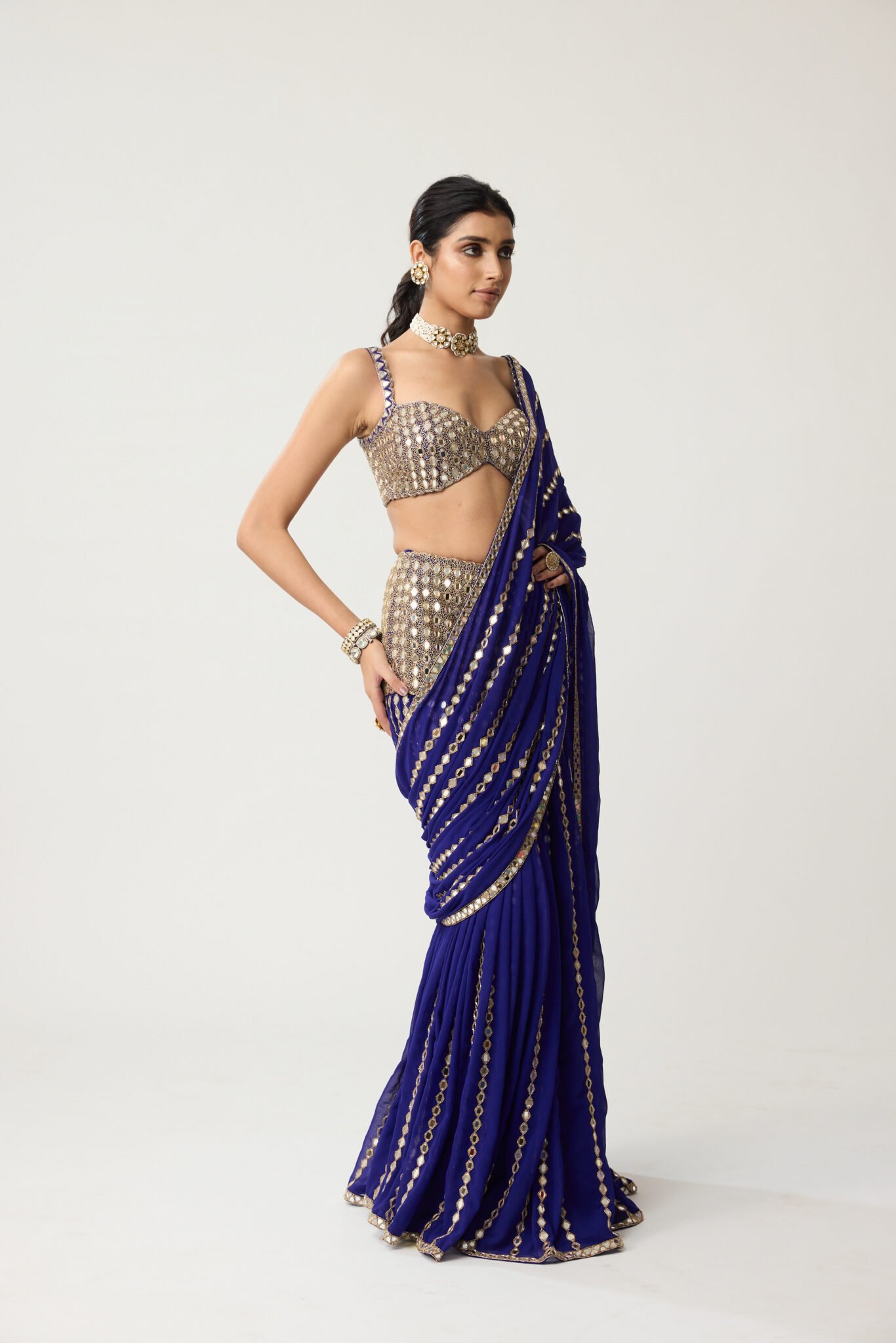 Persian Blue Fitted Linear Mirror Saree Set - Vvani